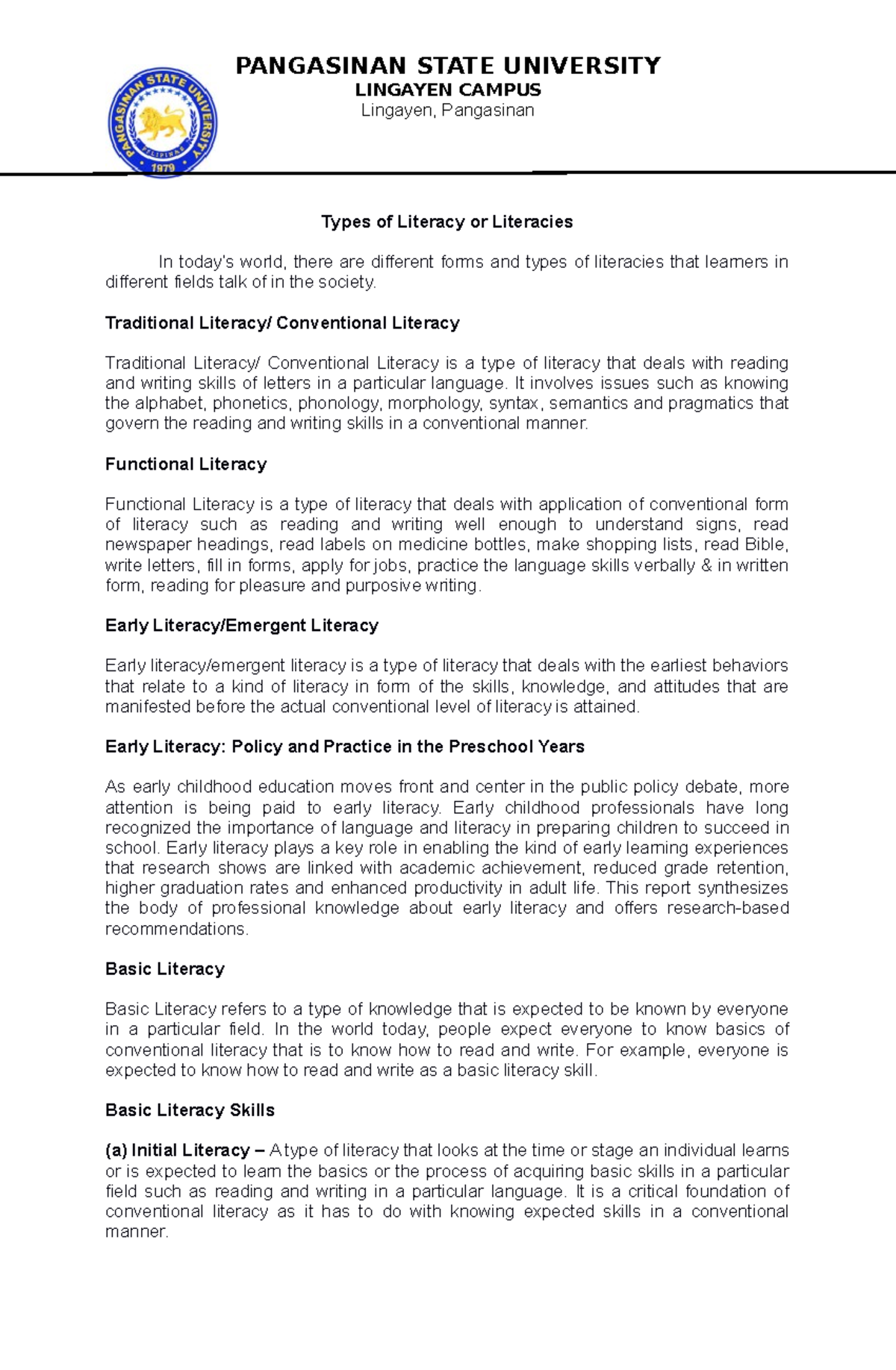 Notes on Literacy - BS. education - PangSU - Studocu