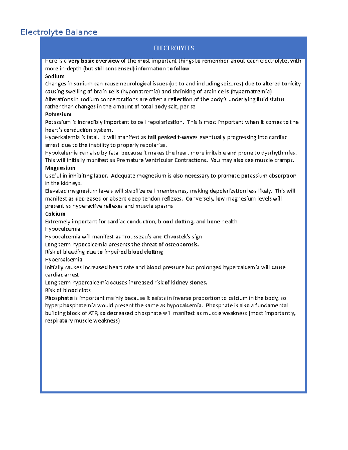 Electrolyte Overview - notes - Electrolyte Balance ELECTROLYTES Here is ...