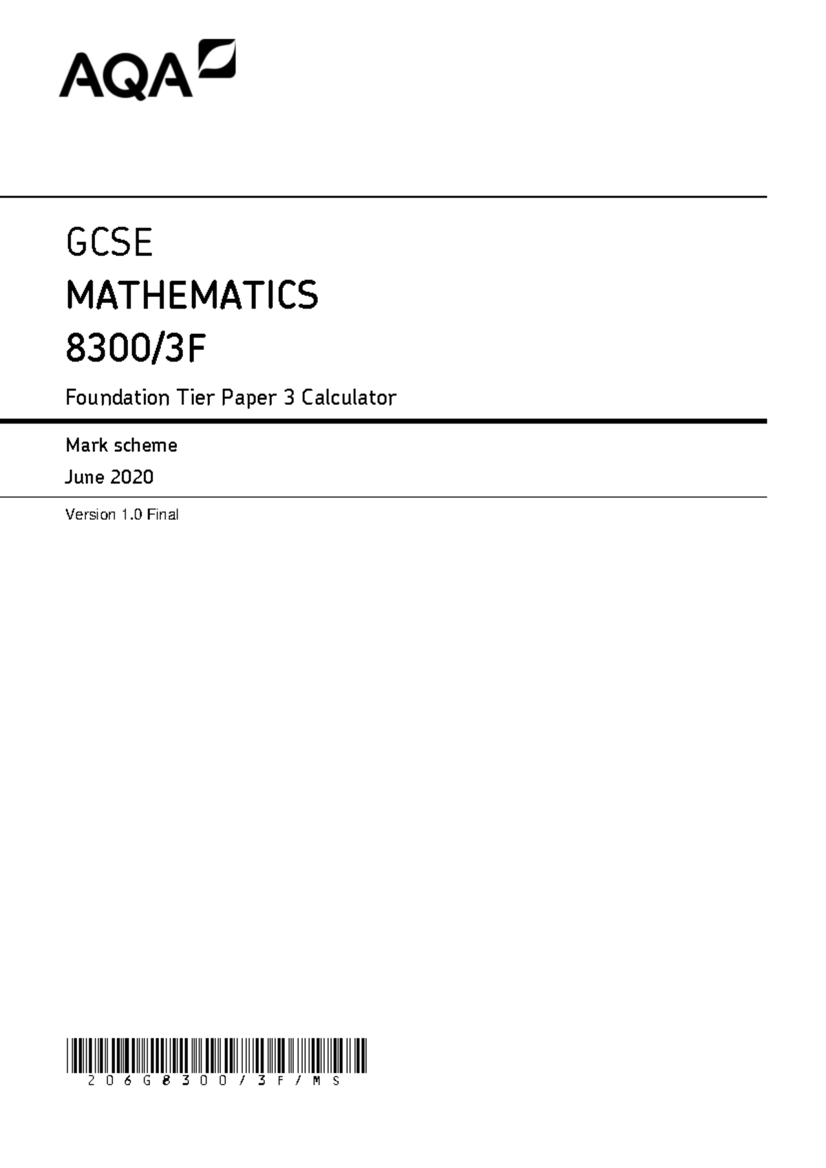 AQA GCSE NOV2020 Maths Paper 3F MS - GCSE MATHEMATICS 8300/3F ...