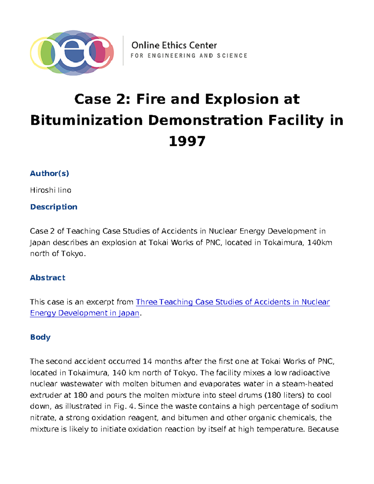 Case 2 Fire and Explosion at Bituminization Demonstration Facility in ...