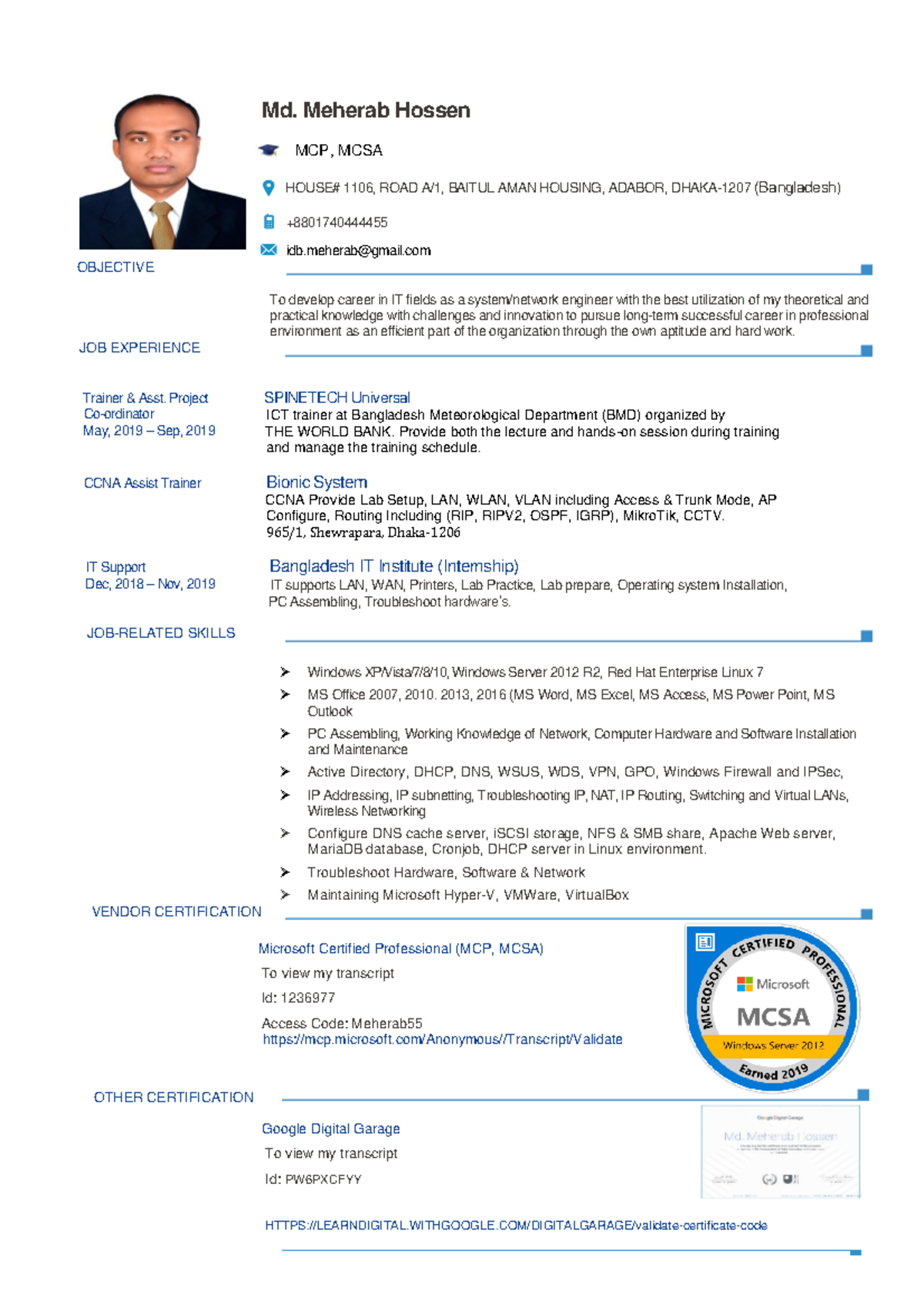 Md Meherab Hossen Cv Md Meherab Hossen Mcp Mcsa House 1106 Road A 1 Baitul Aman Housing