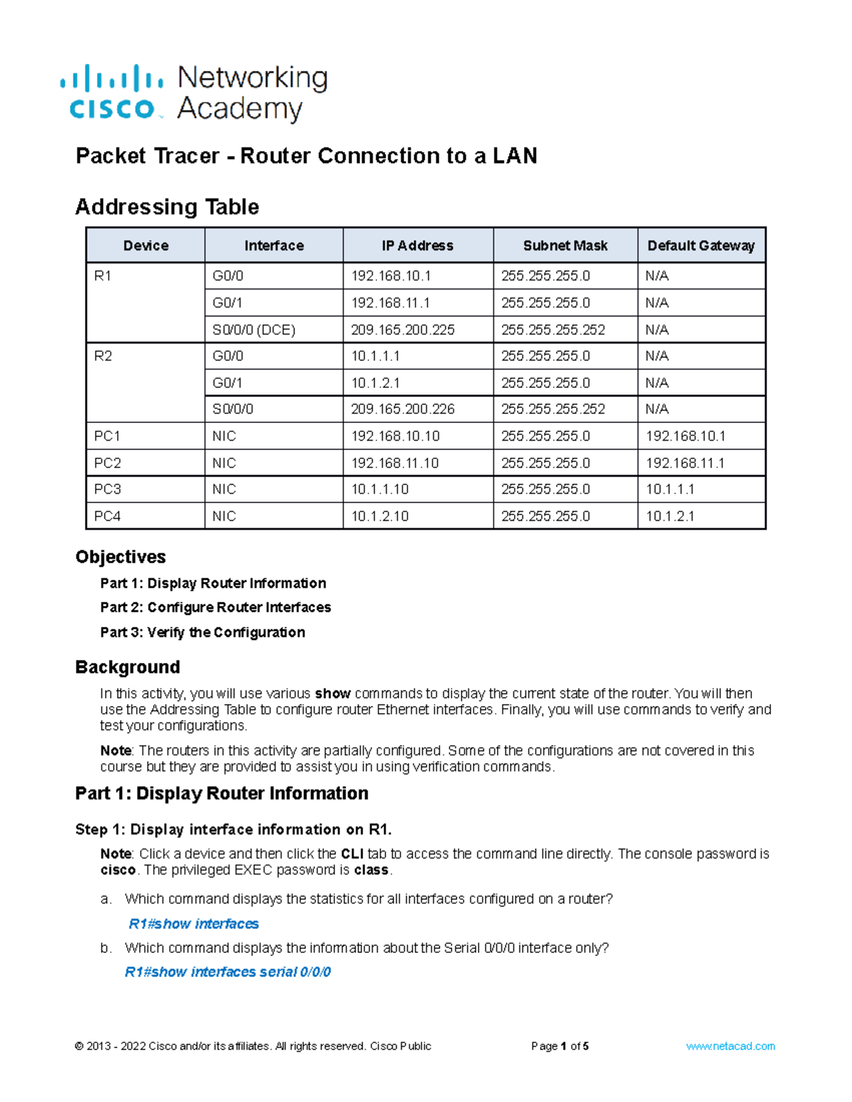 Week 9 Lab Packet Tracer Router Connection To A Lan Addressing Table Device Interface Ip