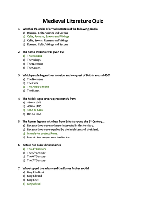 Mock Exam Medieval English Literature - Mock Exam: Anglo-Saxon and ...