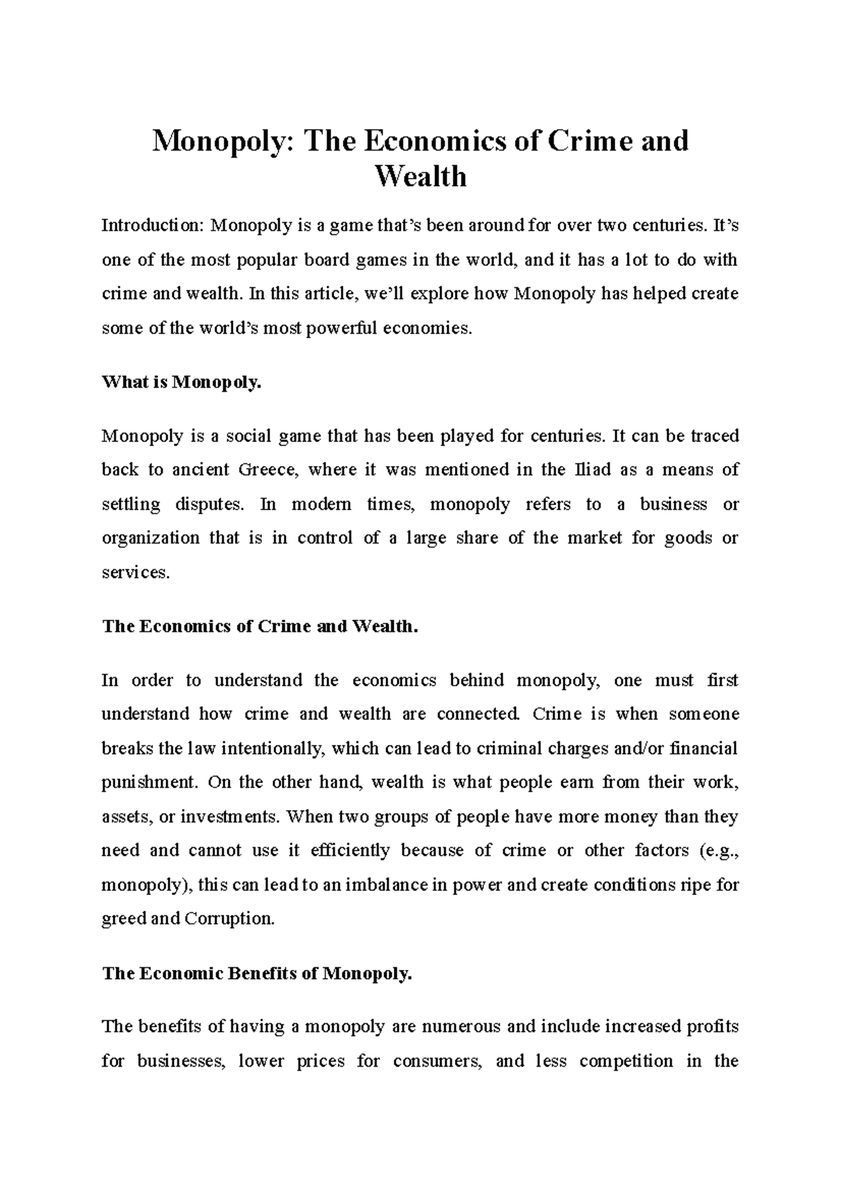 Monopoly, The Econ omics of Crime and Wealth - Monopoly: The Economics ...