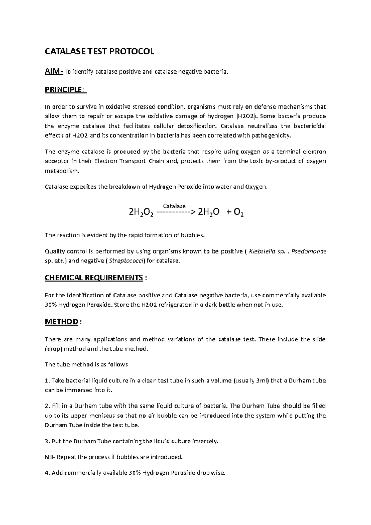 Catalase TEST Protocol - CATALASE TEST PROTOCOL AIM- To identify ...