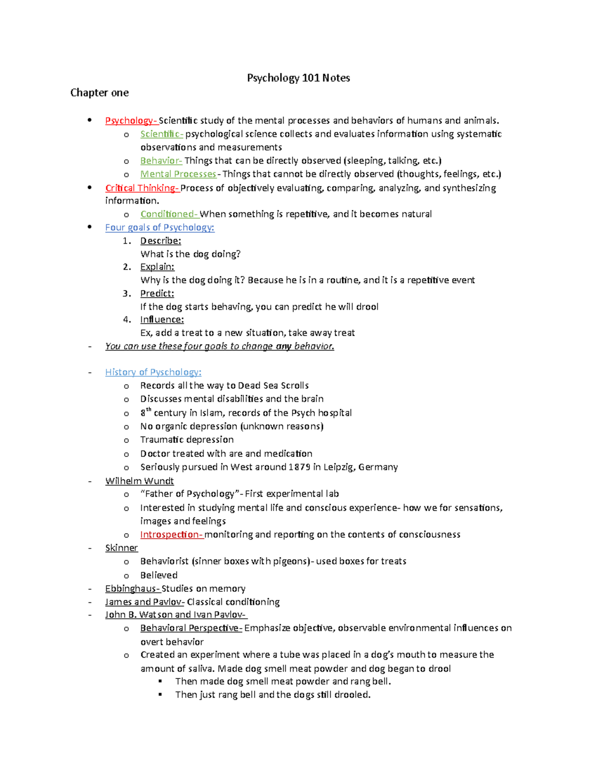 Psych 101 Notes - Psychology 101 Notes Chapter one Psychology ...