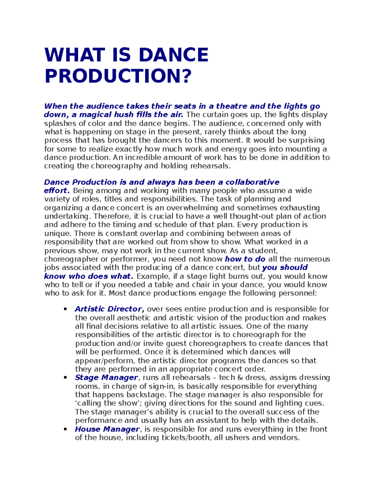 Spa dance - sharing document not mine - WHAT IS DANCE PRODUCTION? When ...