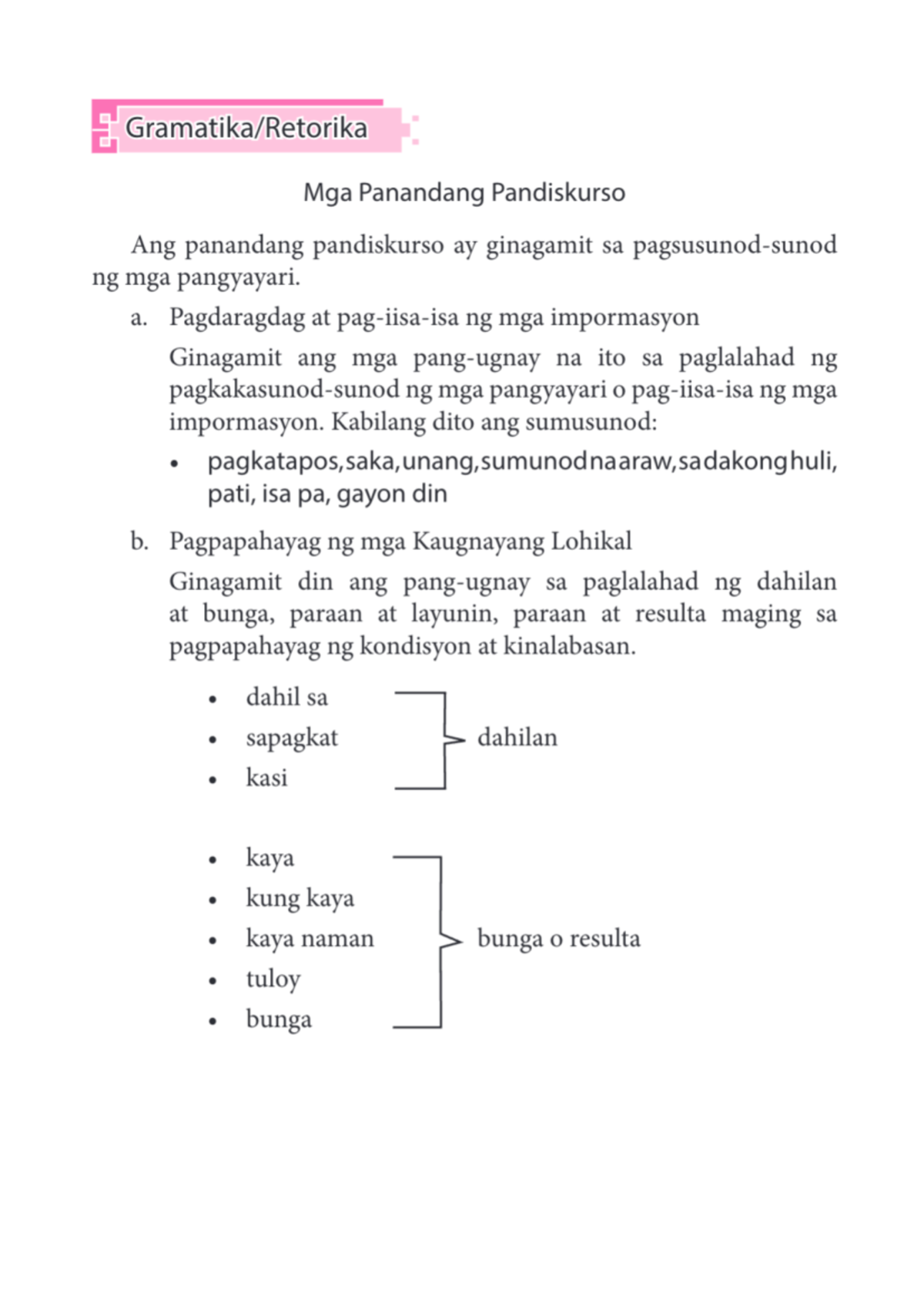 Mga Panandang Pandiskurso - a. Pagdaragdag at ng mga impormasyon ...