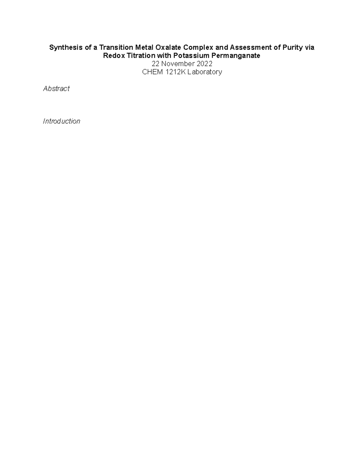 Post-lab Template Synthesis and Redox Titration (1212K) - Synthesis of ...