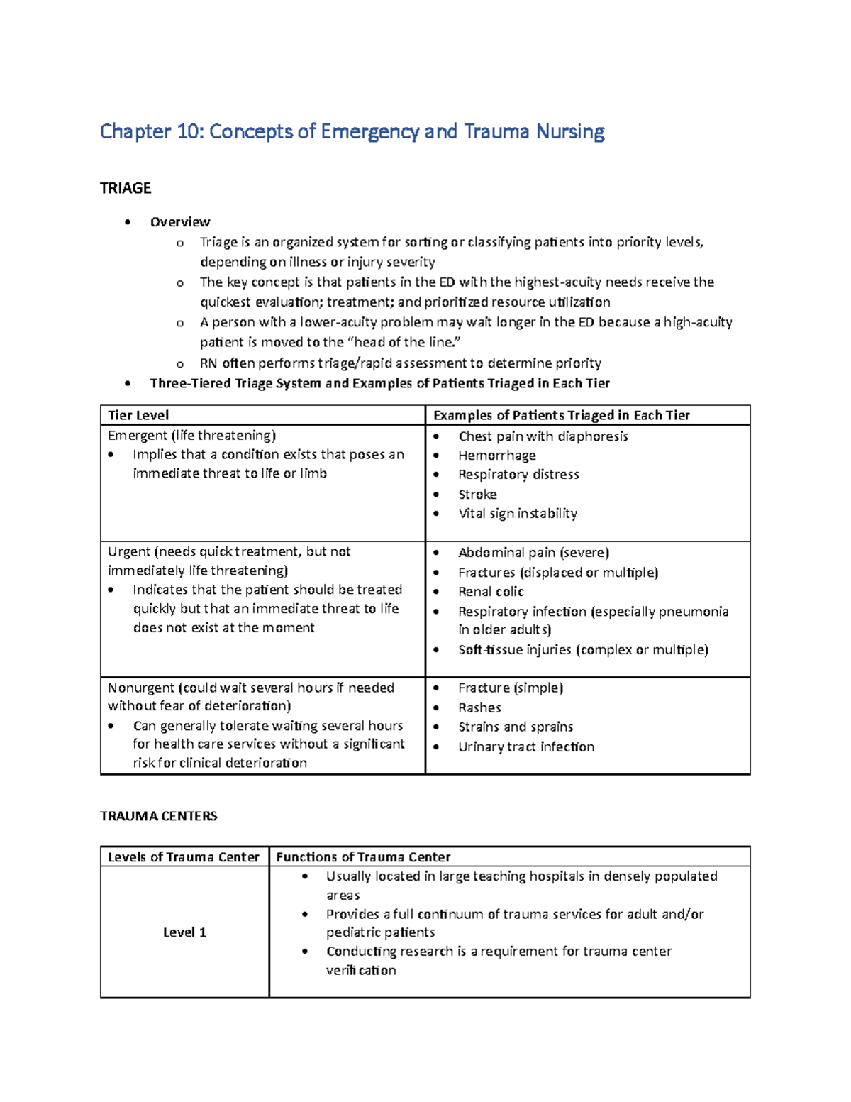 Chapter 10 - notes - Chapter 10: Concepts of Emergency and Trauma ...