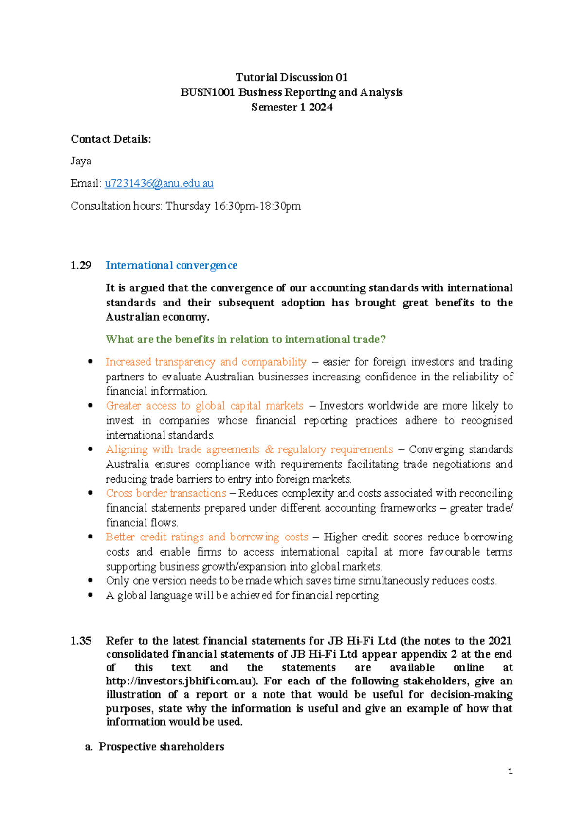 Tutorial Discussion 01 question - Tutorial Discussion 01 BUSN1001 ...
