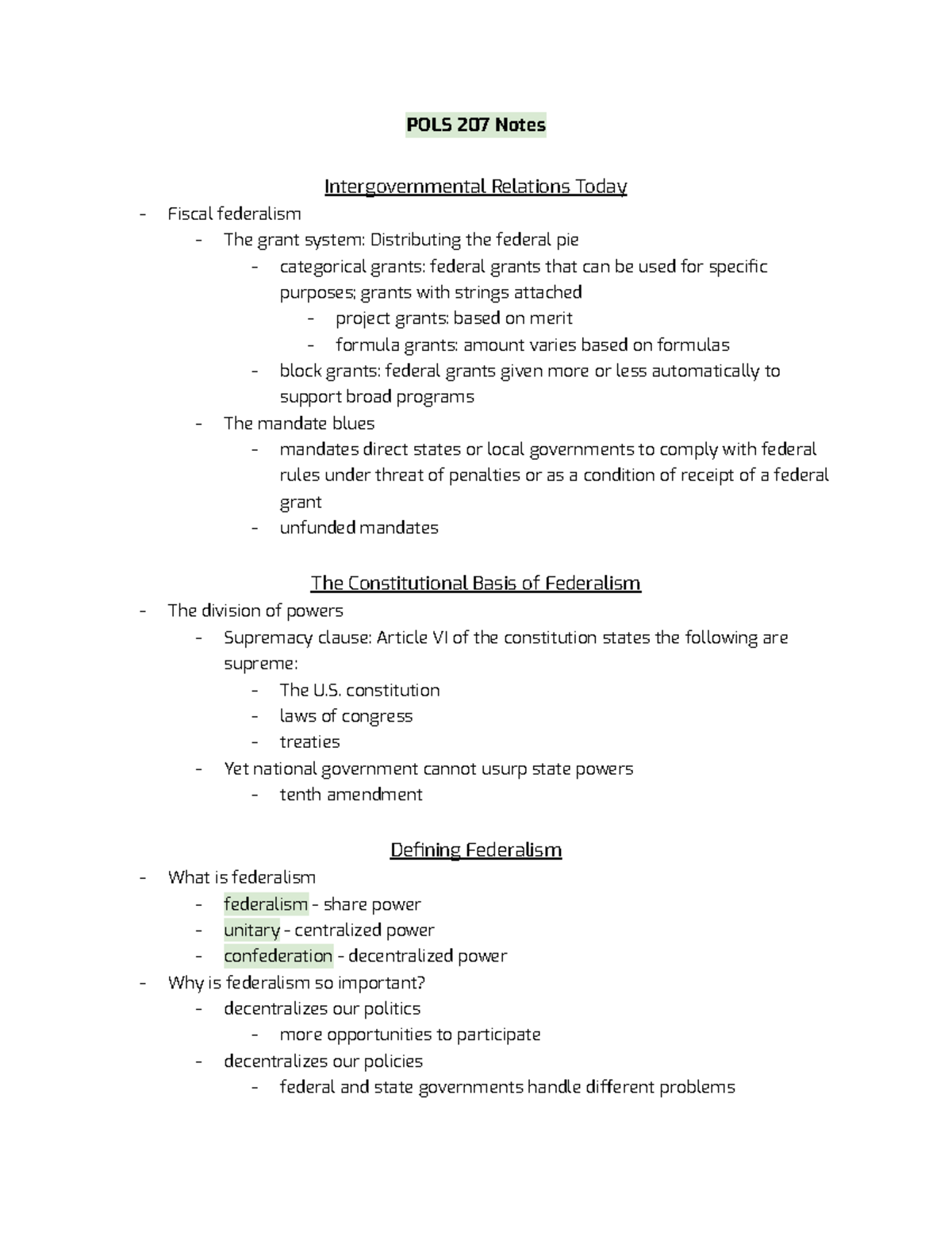 Pols 207 notes - Jason Smith - POLS 207 Notes Intergovernmental ...