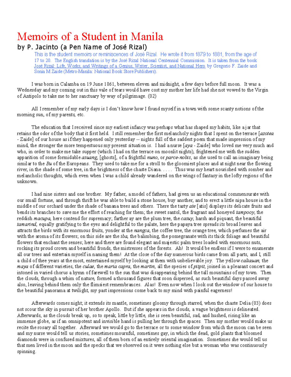 Memoirs of a Student in Manila - Jacinto (a Pen Name of José Rizal ...