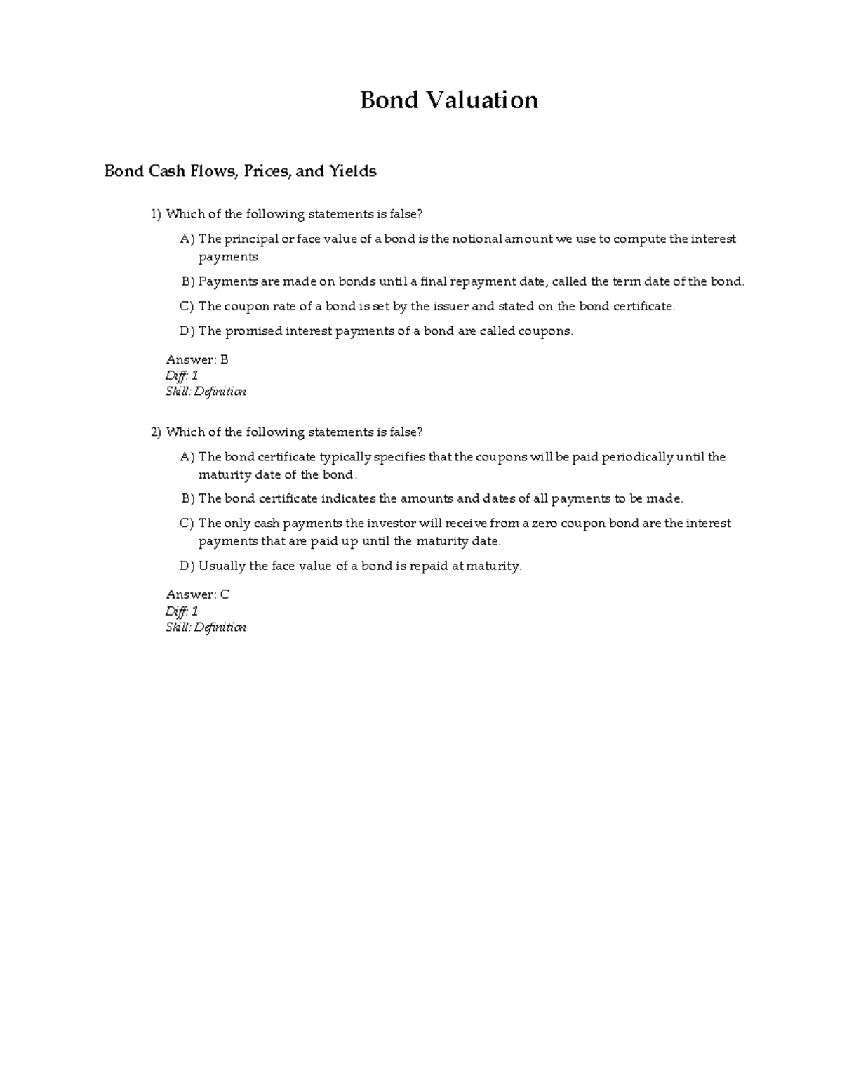 Toaz - practice questions - Bond Valuation Bond Cash Flows, Prices, and ...