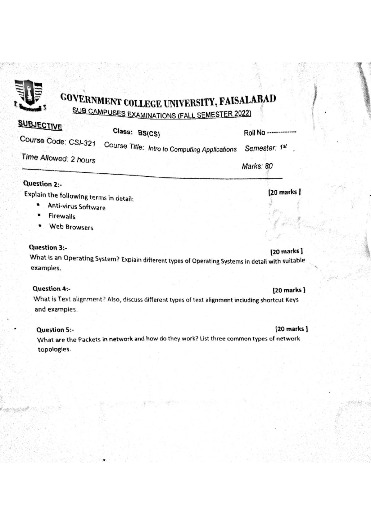 BSCS 1st Semester Sub campus paper - English Literature - Studocu