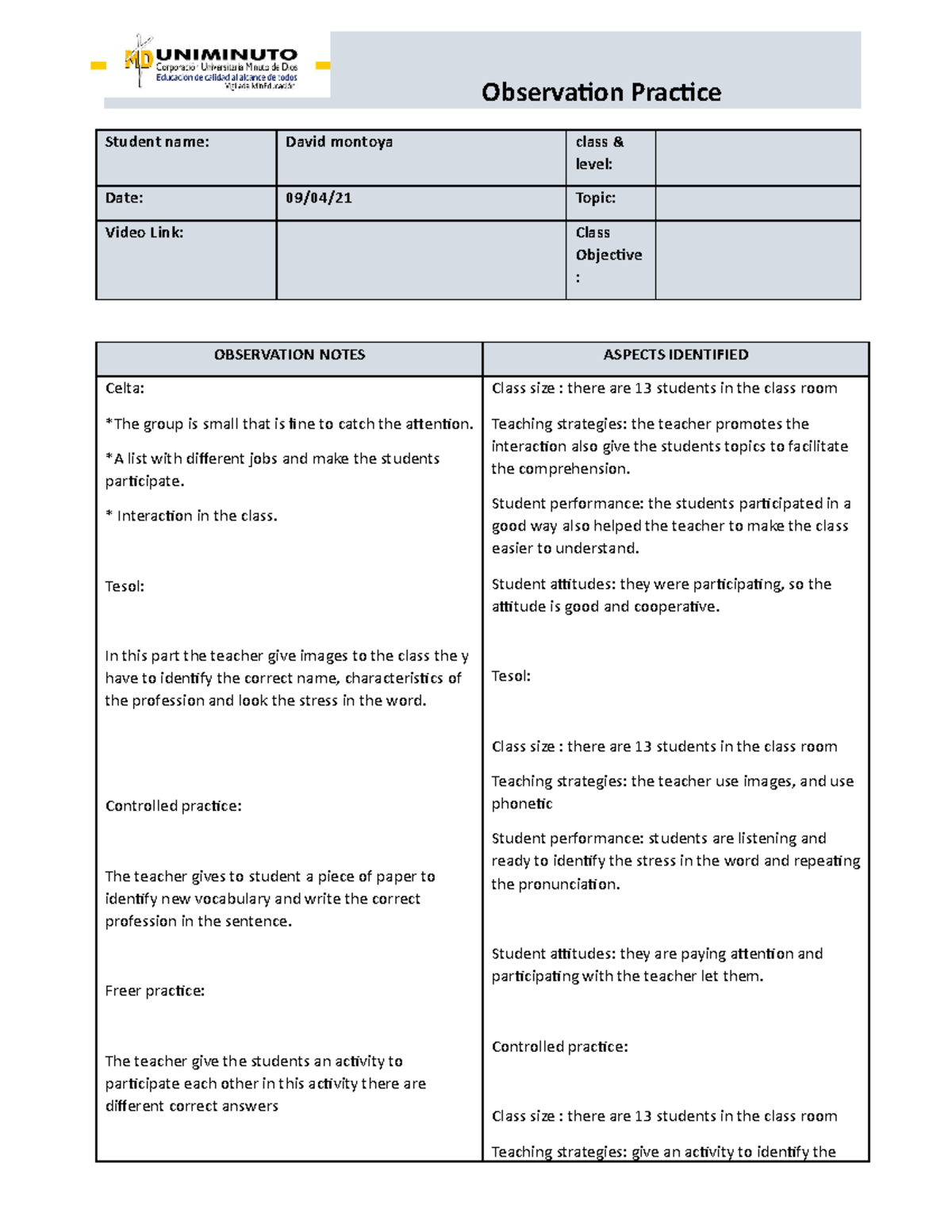 2-Template for Journal Observation Practicum answers - Observation ...