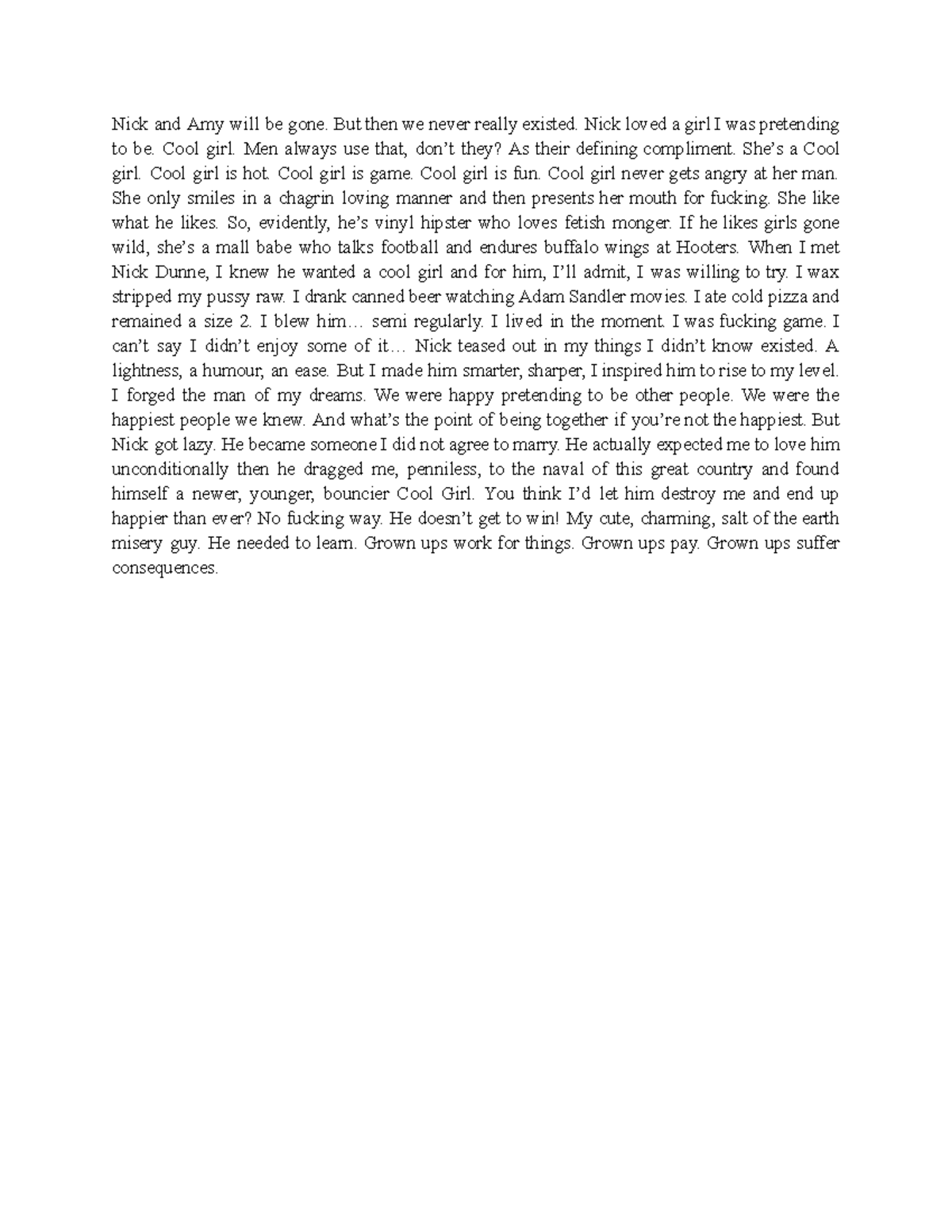 Cool Girl Monologue - cool girl - Nick and Amy will be gone. But then ...