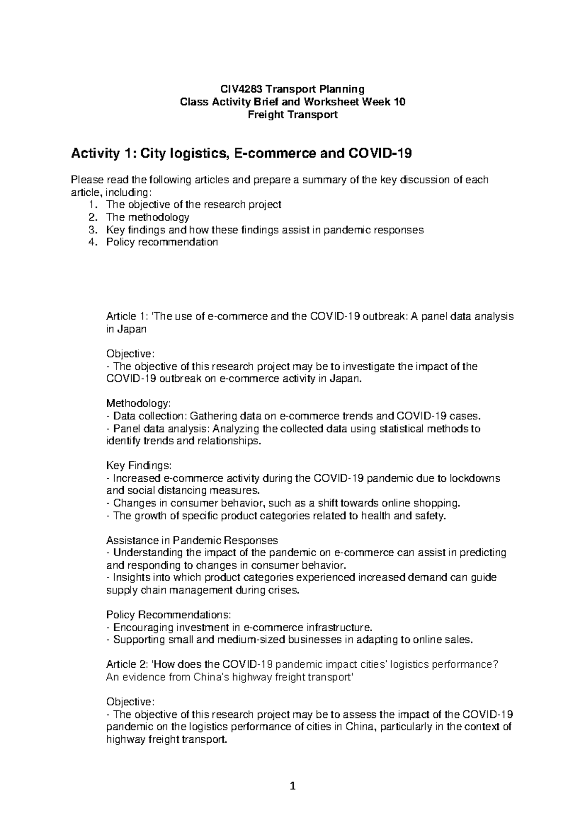 CIV4283 Class Activity Brief Week 10 (1) - 1 CIV4283 Transport Planning ...