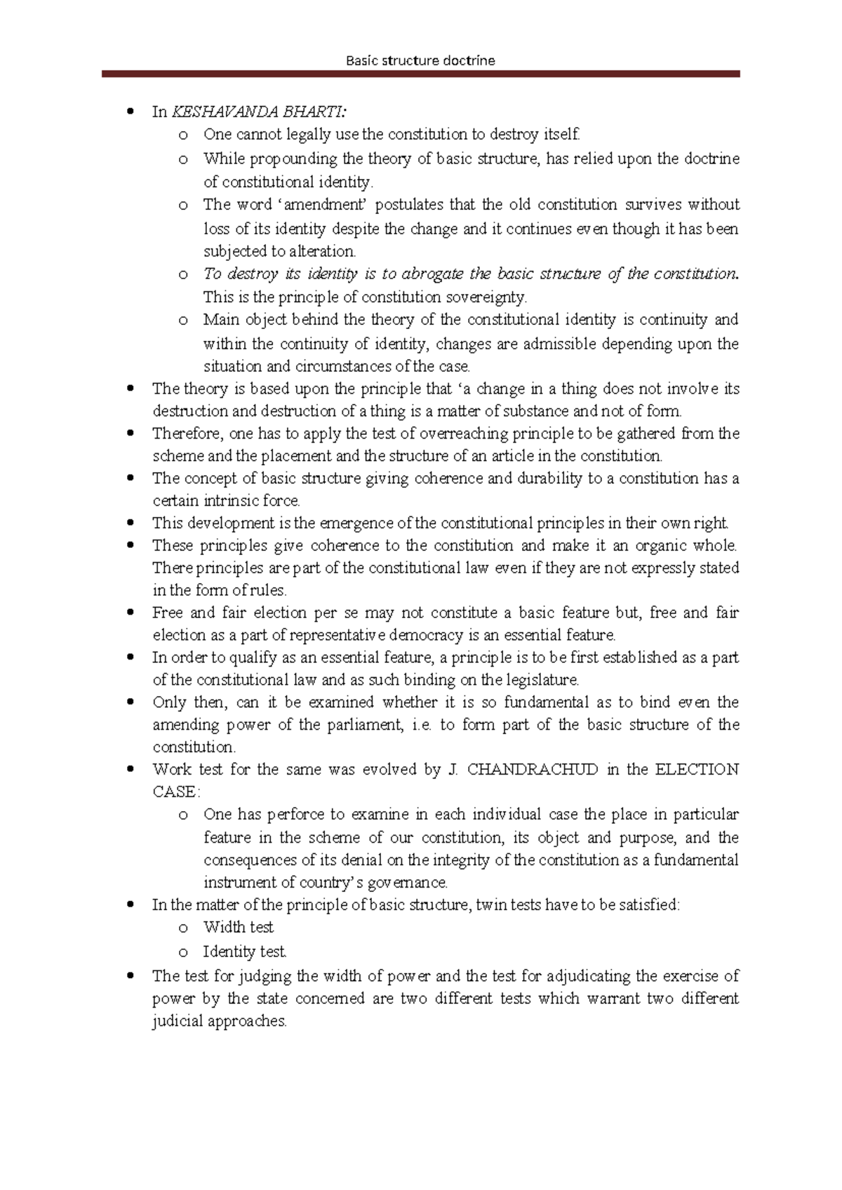 Basic structure - Summary BA LLB (HONS.) - Basic structure doctrine In ...