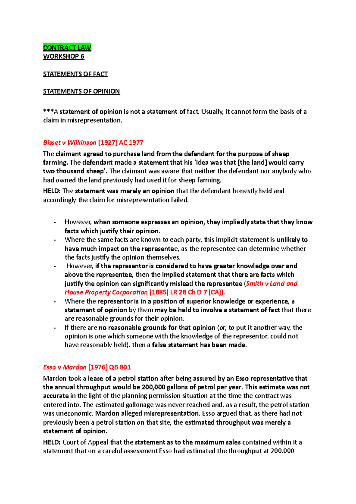 Statements OF FACT - CONTRACT LAW WORKSHOP 6 STATEMENTS OF FACT ...