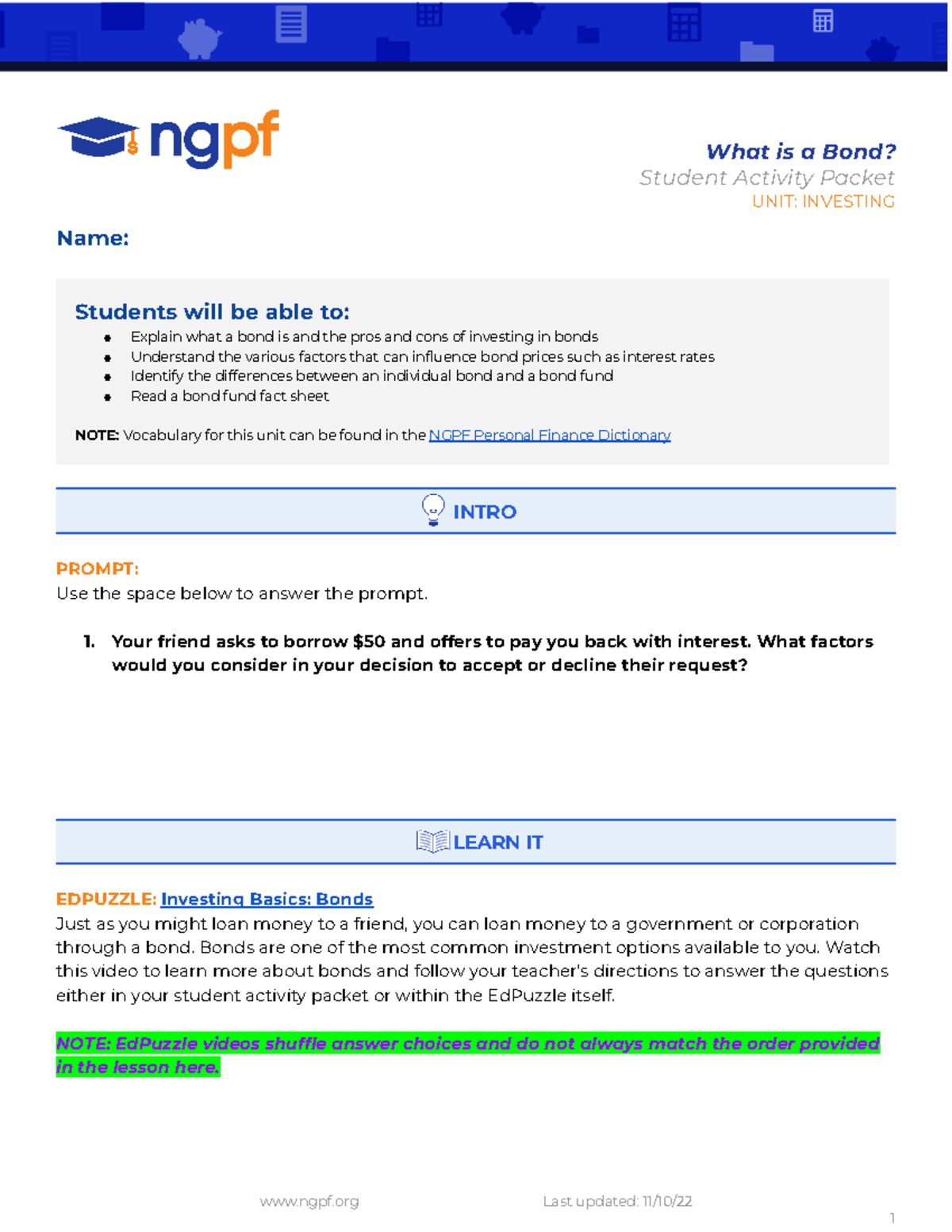 Mariama Batchilly - What is a Bond Student Activity Packet - Google ...