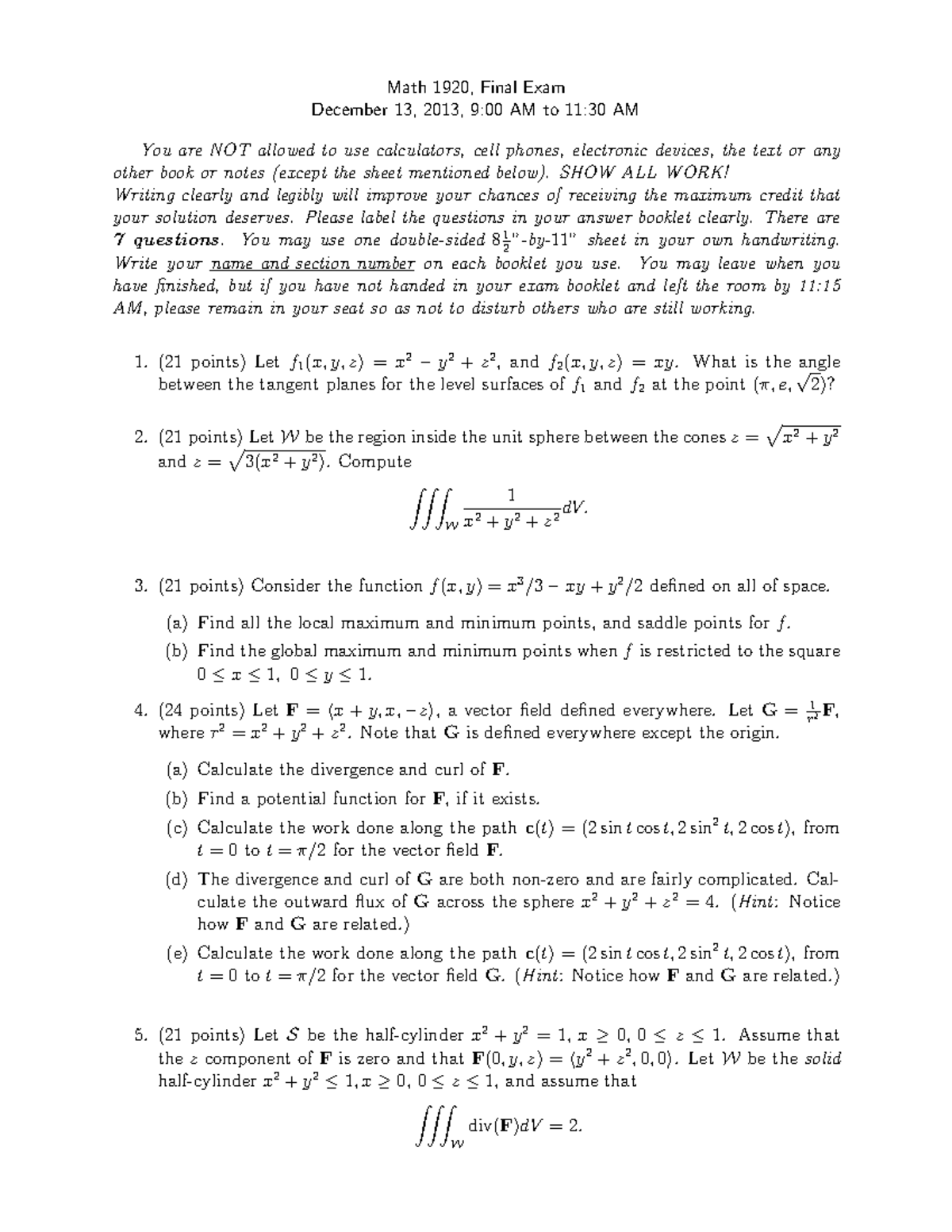 2013 - 2013 Fall Final - Math 1920, Final Exam December 13, 2013, 9:00 ...