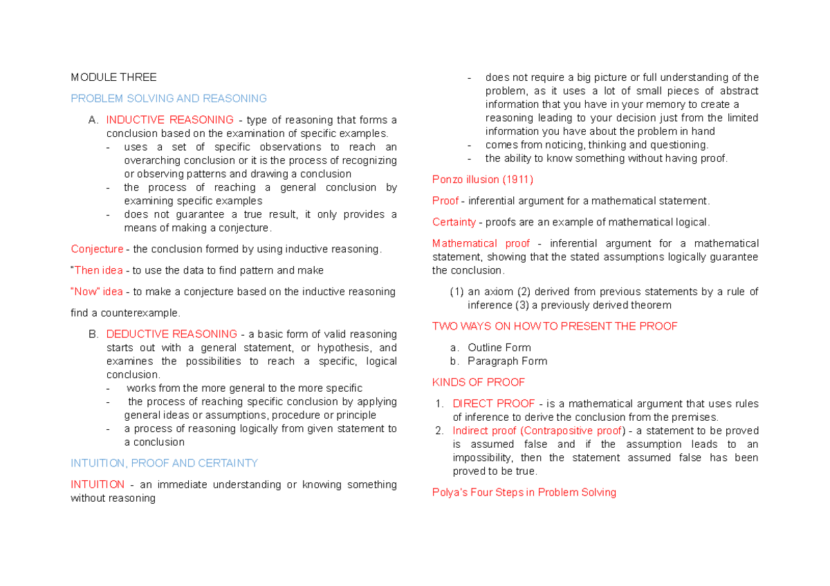 Module Three - MODULE THREE PROBLEM SOLVING AND REASONING A. INDUCTIVE REASONING - type of ...
