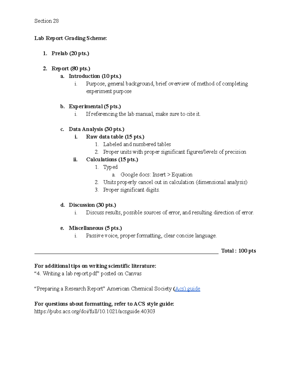 Lab Report Grading Scheme V1 - Section 28 Lab Report Grading Scheme: 1. Prelab (20 pts.) 2 ...