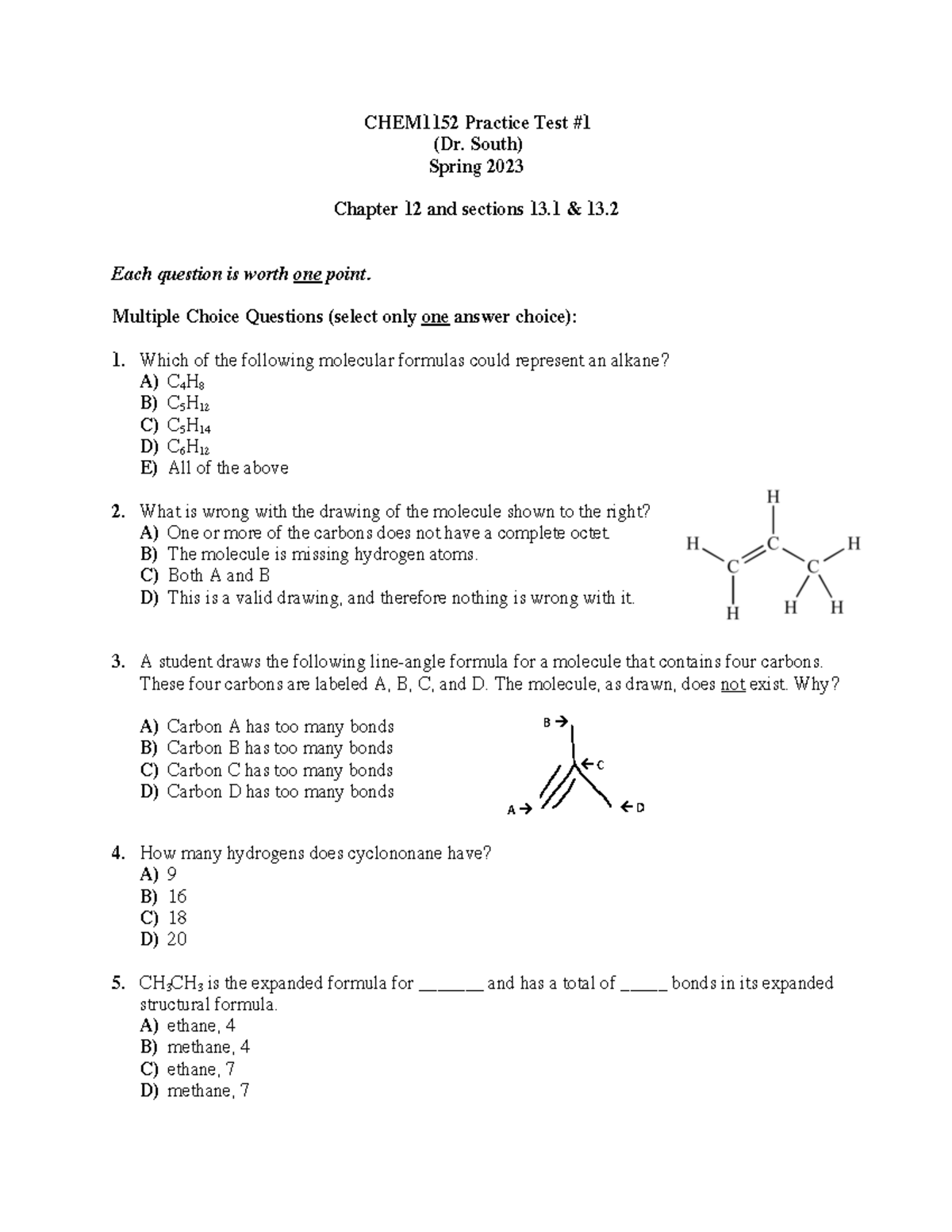 1152 SP23 Practice Test 1 - A à ß C B à ß D CHEM1152 Practice Test ...