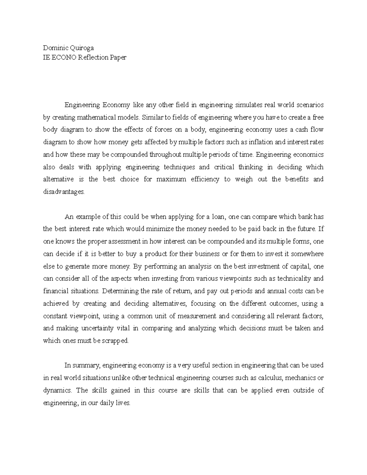 Quiroga Reflection Paper - Dominic Quiroga IE ECONO Reflection Paper ...