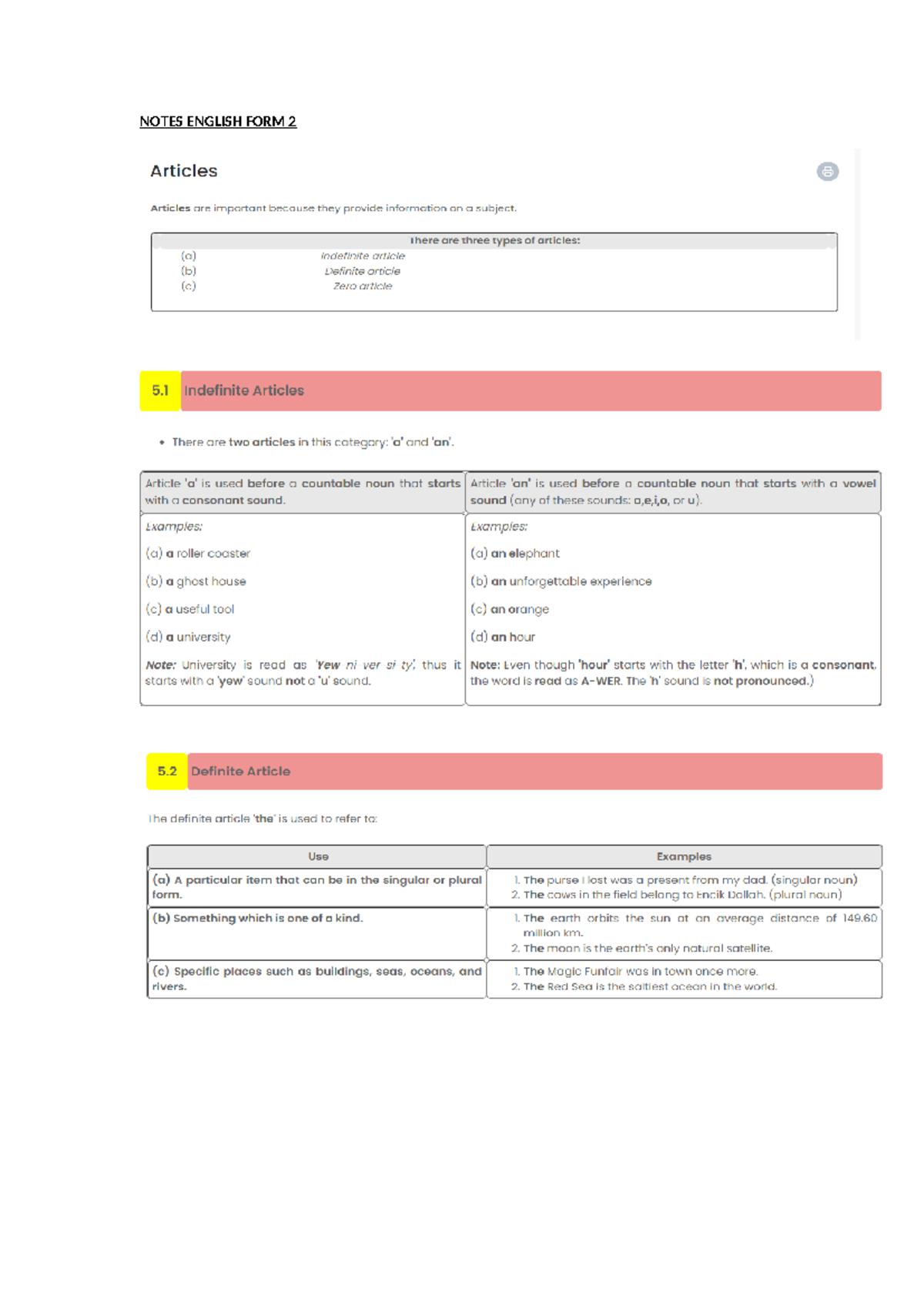 FORM 2 Articles , Prepositions AND Models - English language - NOTES ...