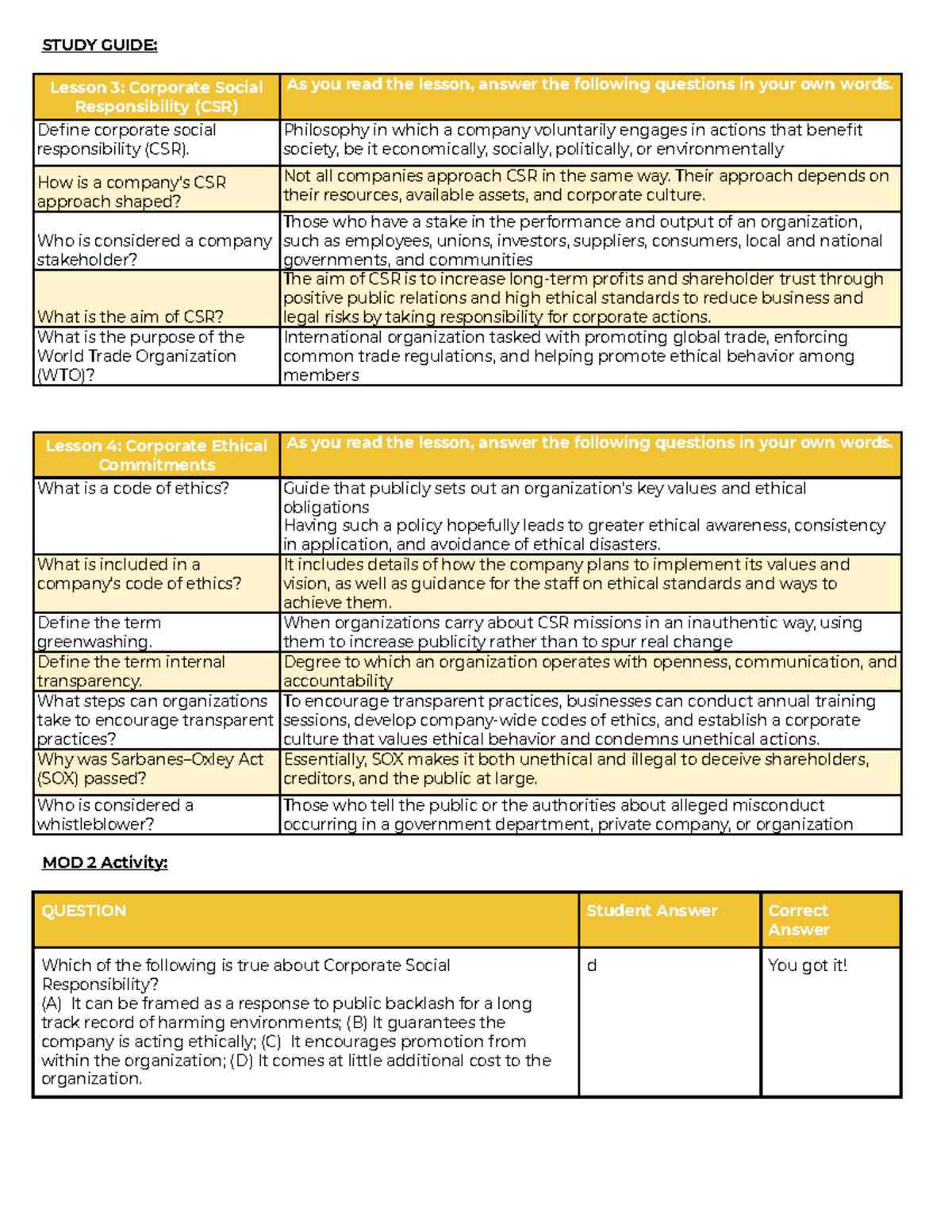 Notes Unit 2 MOD 2 - d072 - STUDY GUIDE: Lesson 3: Corporate Social ...