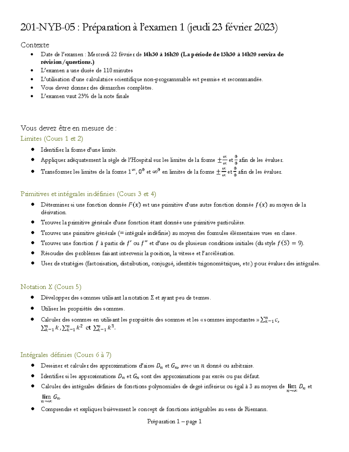 Preparation Examen 1 2103-1 - Préparation 1 – page 1 201 - NYB- 05 ...