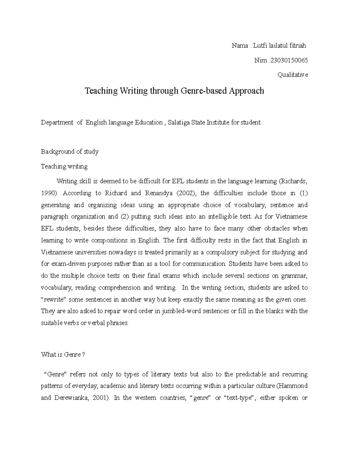 UAS Research 1 - Nama : Lutfi lailatul fitriah Nim : Qualitative Teaching Writing through - Studocu