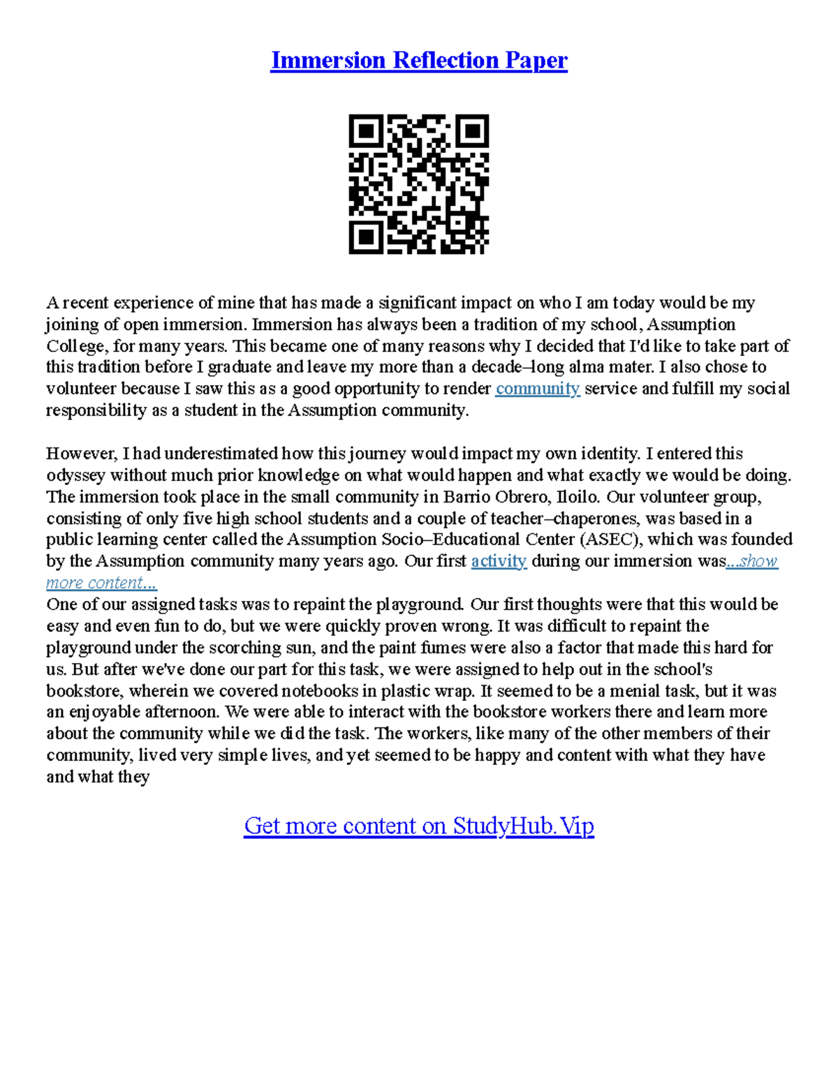 Reflection Essay - Immersion Reflection Paper A recent experience of ...