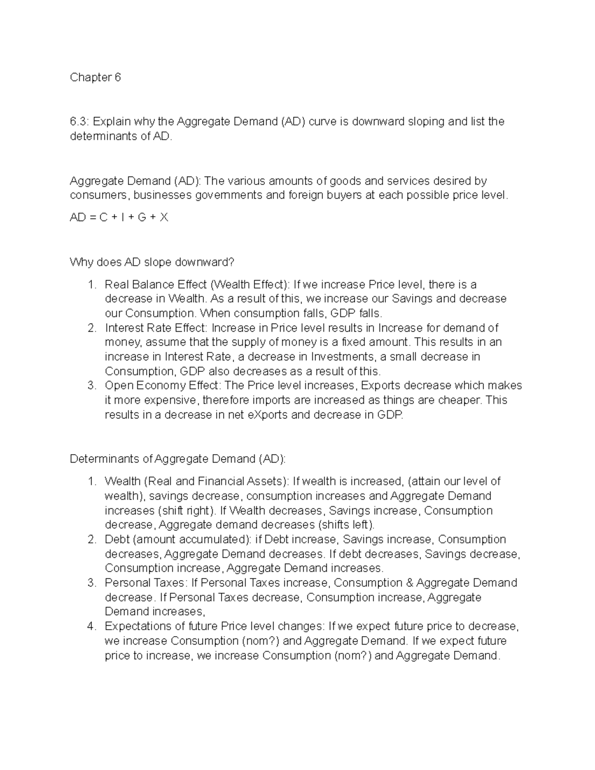 Chapter 6 - Notes - Chapter 6 6: Explain why the Aggregate Demand (AD ...