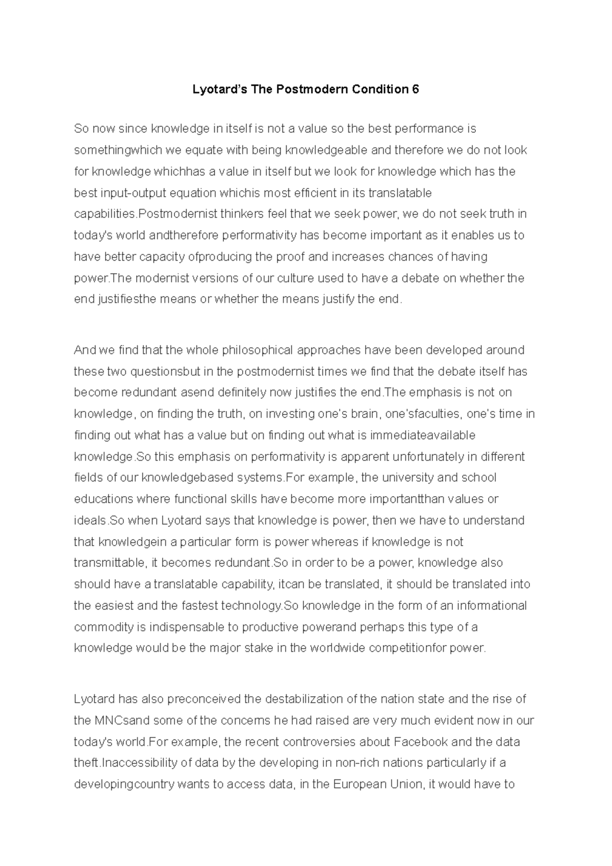 Lyotard’s The Postmodern Condition 6 - And we find that the whole ...