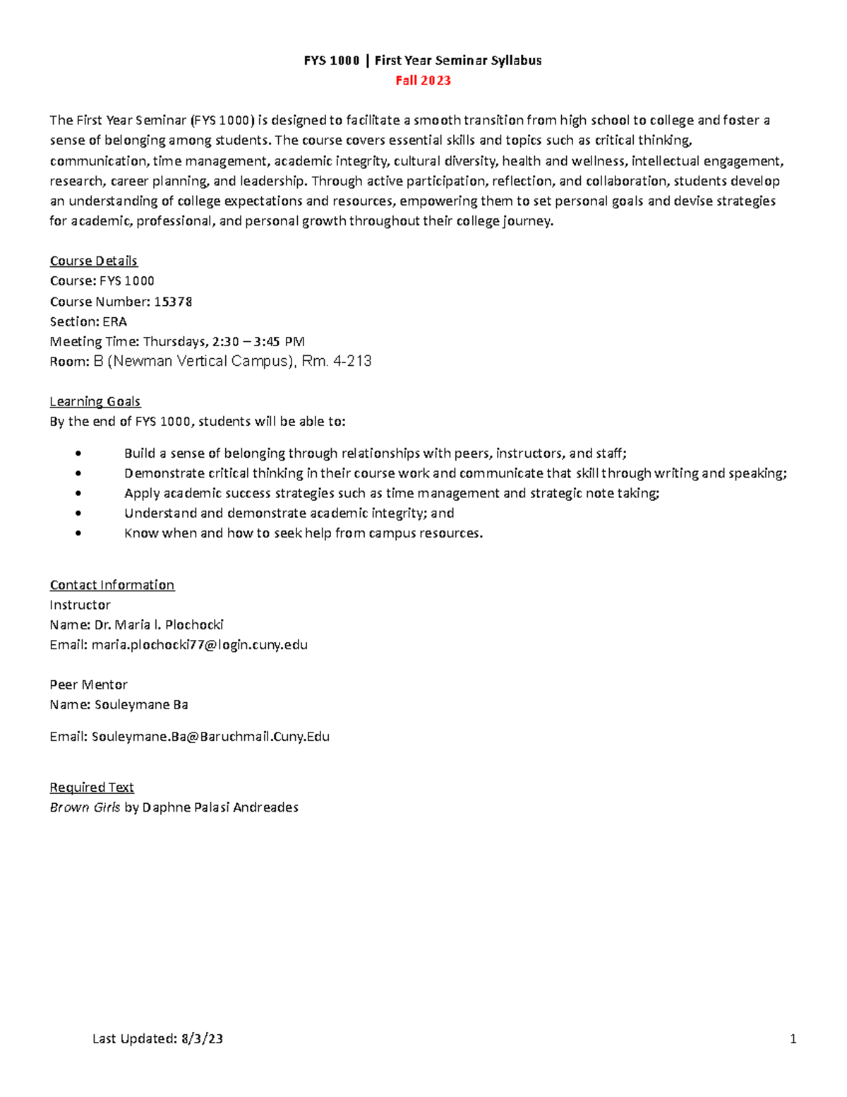 FYS 1000 Syllabus Fall 2023, ERA - FYS 1000 | First Year Seminar ...