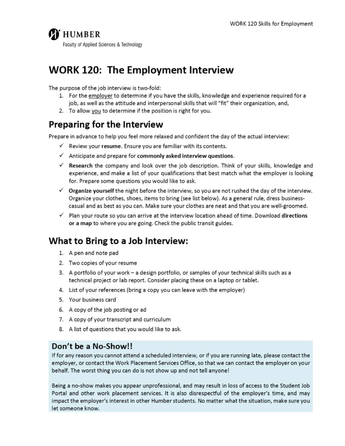 Employer Interview Handout - WORK 120 - Studocu