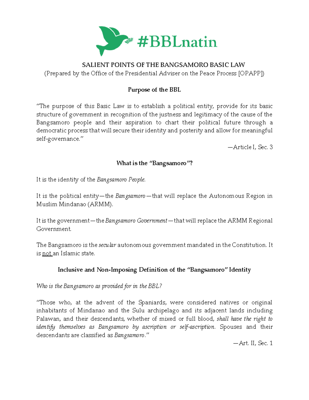 Opapp Salient Points OF THE Bangsamoro Basic LAW - SALIENT POINTS OF ...