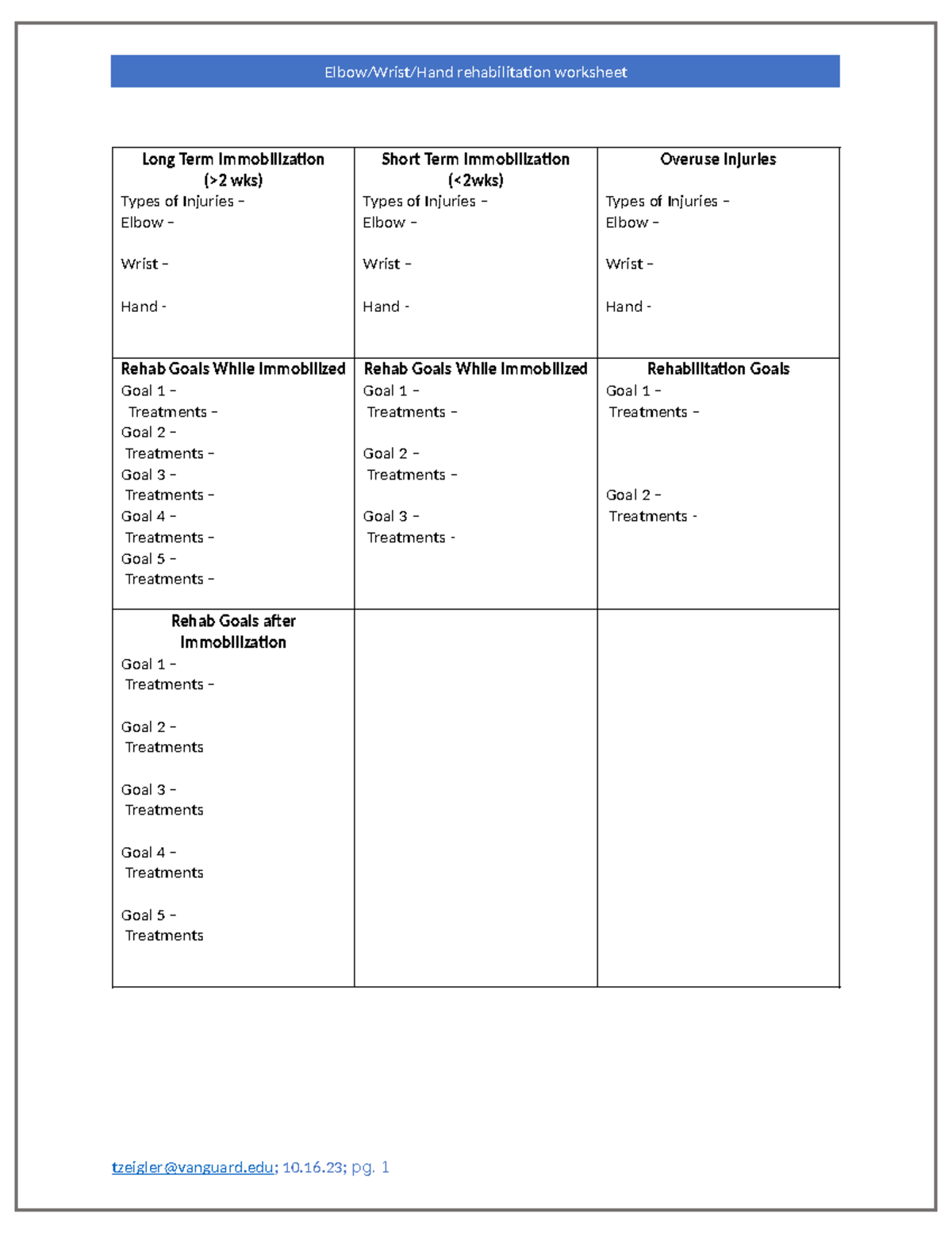 Elbow.Wrist.Hand Rehabilitation Worksheet. 23 - Long Term ...