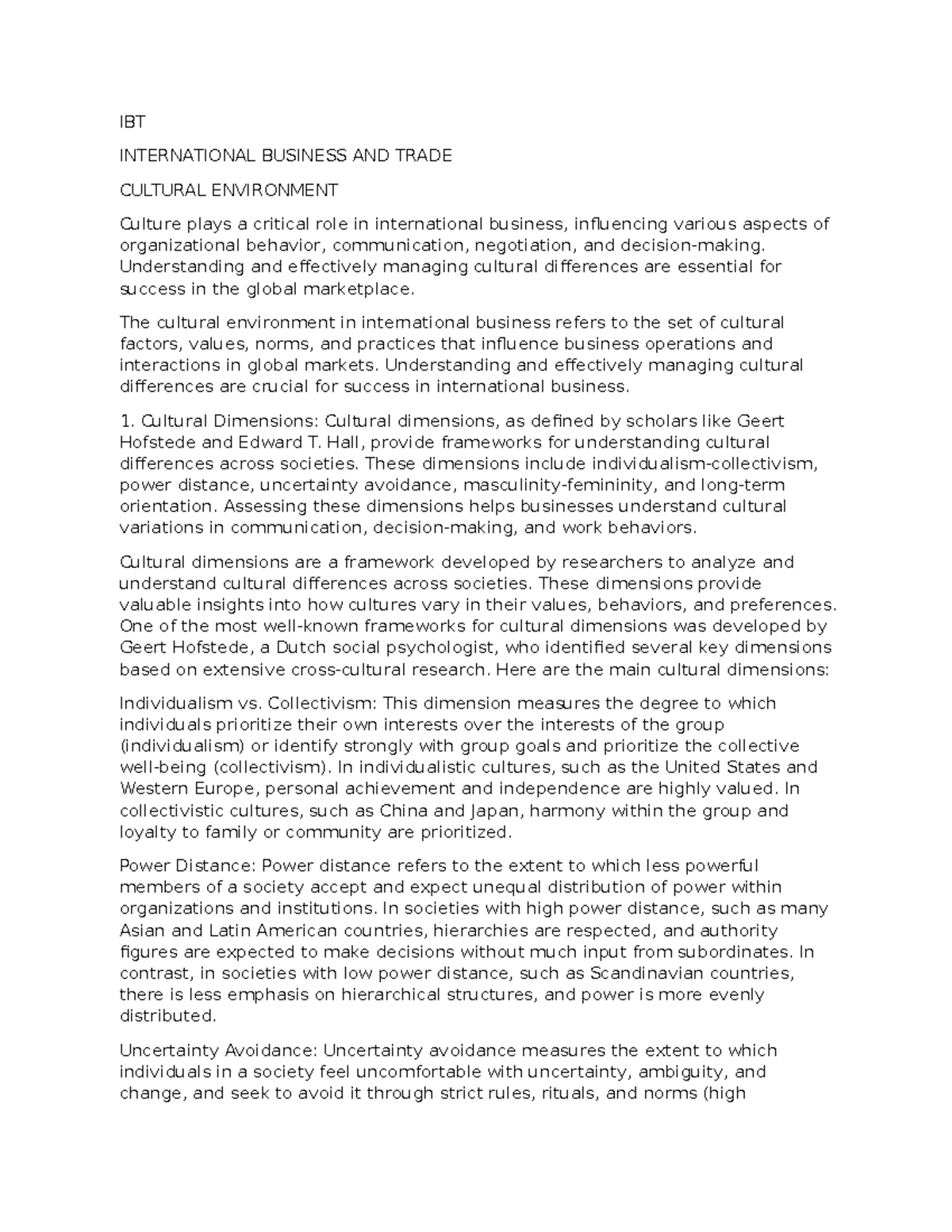 IBT - IBT INTERNATIONAL BUSINESS AND TRADE CULTURAL ENVIRONMENT Culture ...