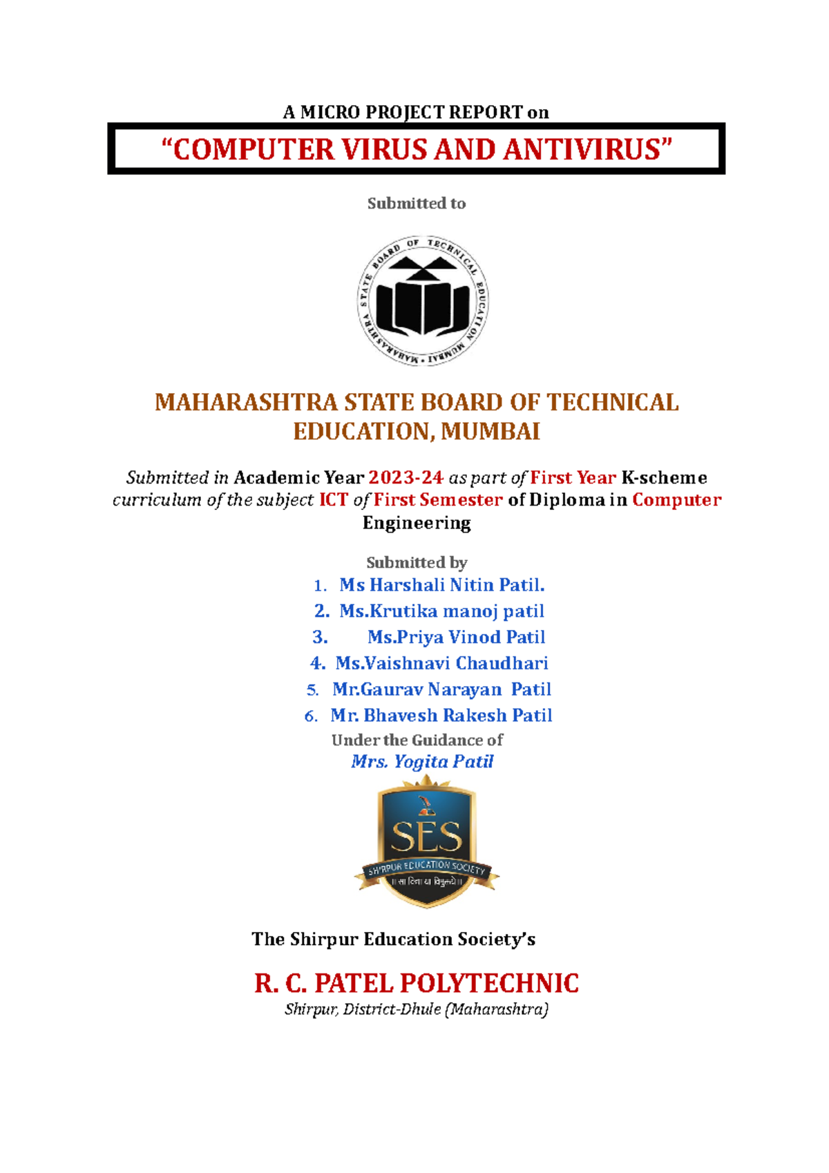 A Micro Project Report on - A MICRO PROJECT REPORT on “COMPUTER VIRUS AND ANTIVIRUS ...