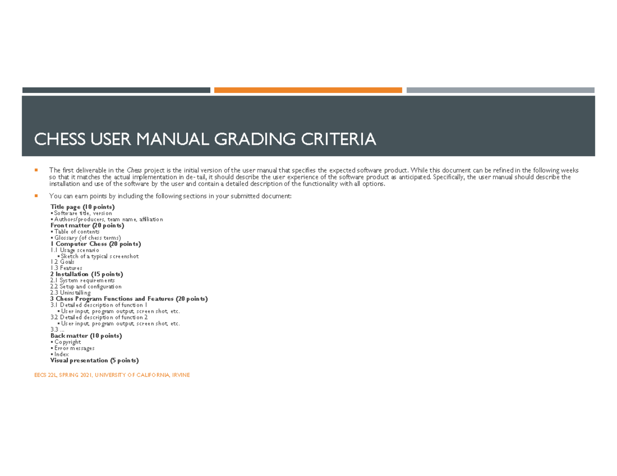 Chess User Manual Grading Criteria EECS 20 - EECS 20 - UCI - Studocu