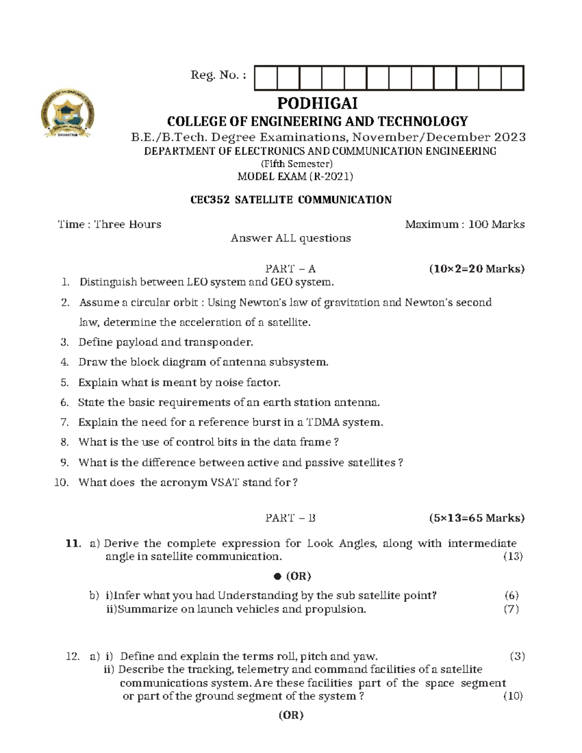 CEC352 Satellite Communications model question - Reg. No. : PODHIGAI COLLEGE OF ENGINEERING AND ...