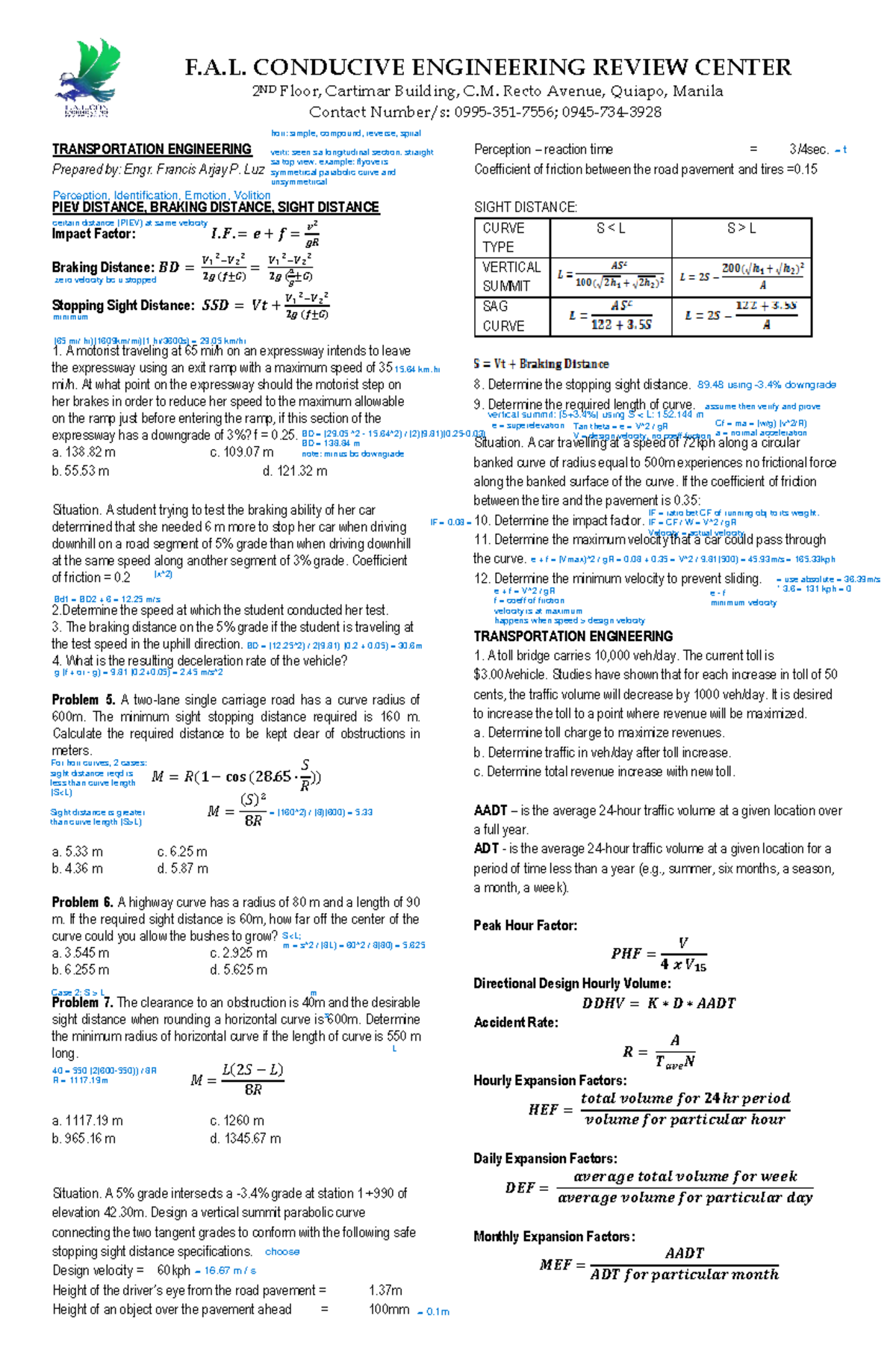 Transportation Engineering - F.A. CONDUCIVE ENGINEERING REVIEW CENTER 2 ...