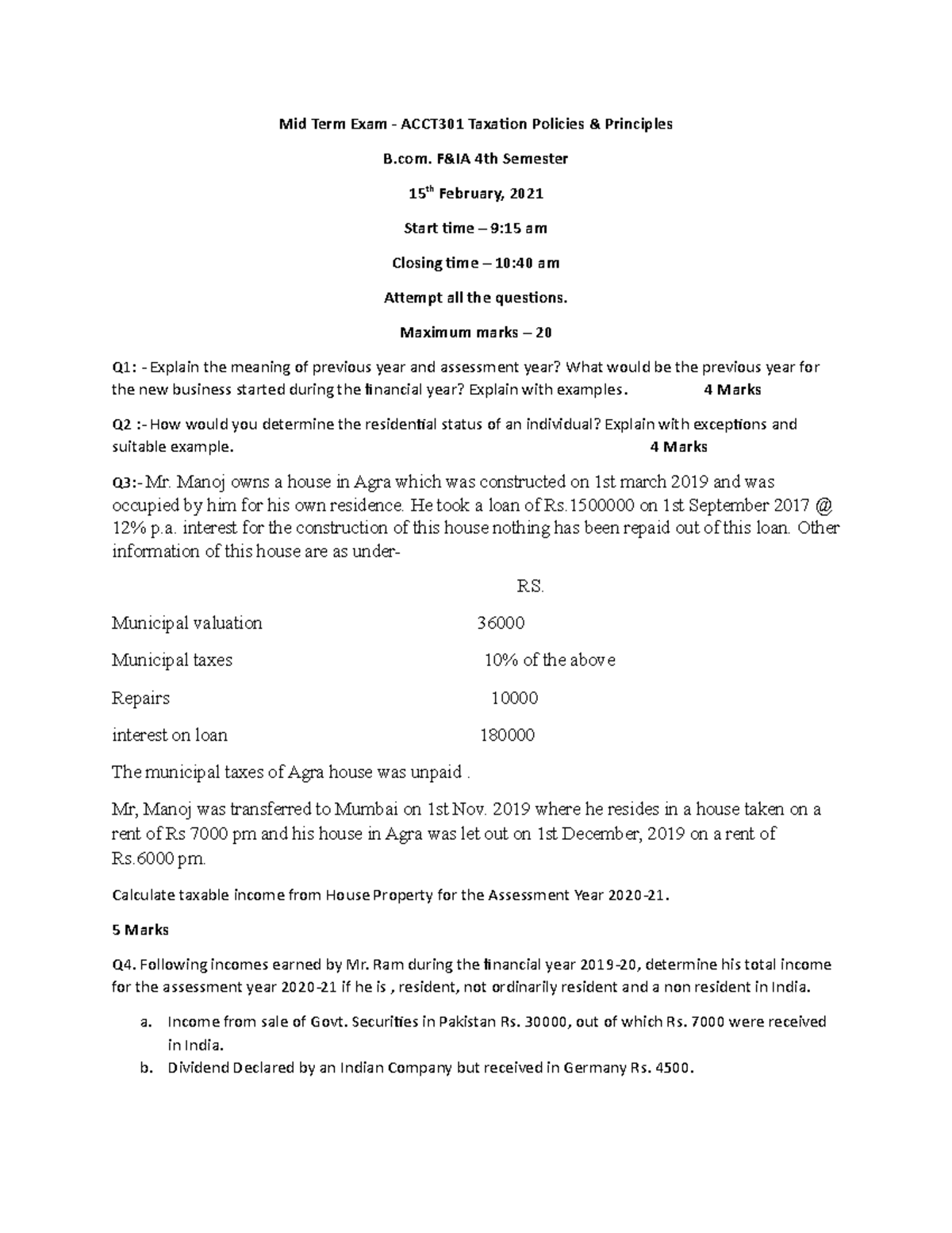 TAX QUESTION PAPER - Mid Term Exam - ACCT301 Taxaion Policies ...