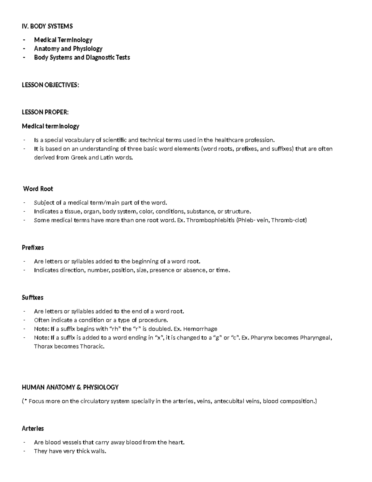 Discussion (MED Terms, Anatomy, Blood Components - IV. BODY SYSTEMS ...