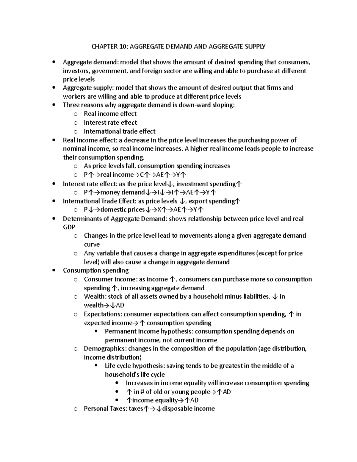 Chapter 10 notes - CHAPTER 10: AGGREGATE DEMAND AND AGGREGATE SUPPLY ...