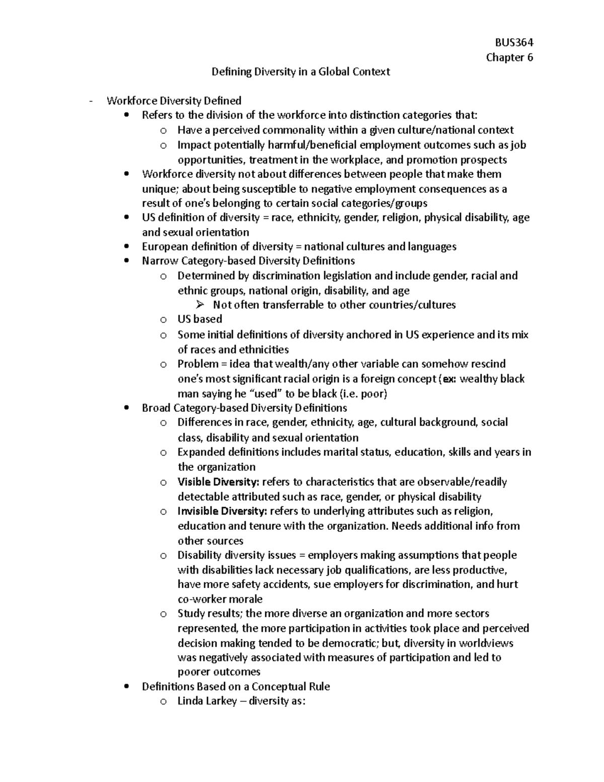 Chapter 6 - Summary Managing Diversity - Chapter 6 Defining Diversity ...